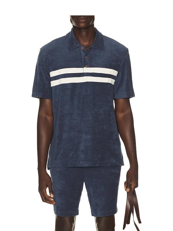 FAHERTY BRAND faherty cabana towel terry surf stripe polo in blue.